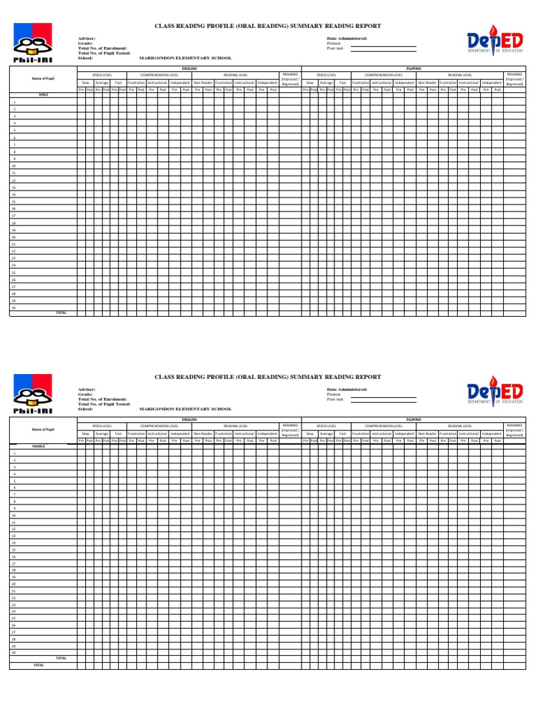 Class Reading Profile Summary Report Oral | PDF | Learning
