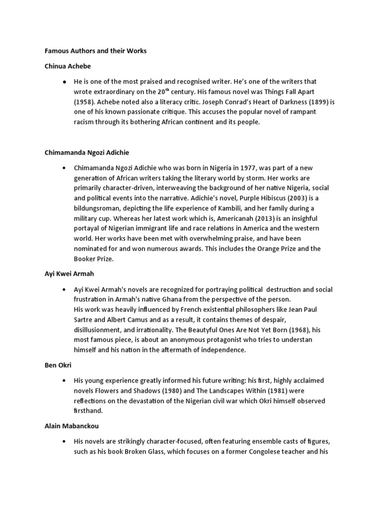 Famous Authors and Their Works Chinua Achebe | PDF | General Fiction