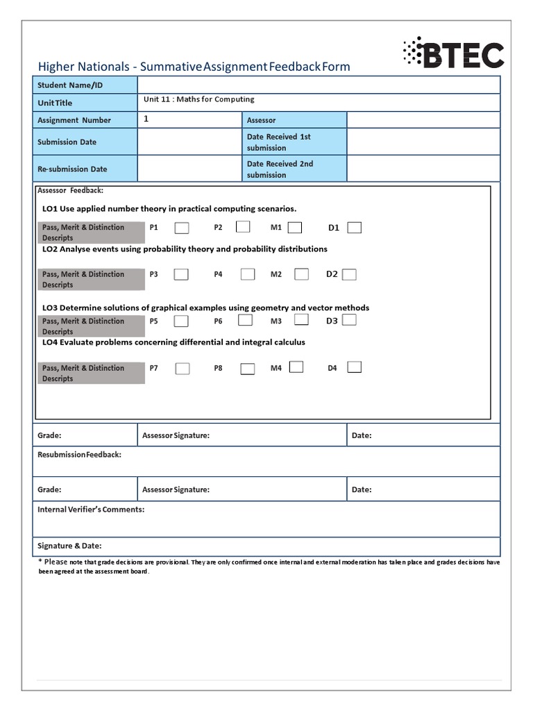 Higher Nationals - Summative Assignment Feedback Form: Unit 11: Maths For Computing | PDF ...