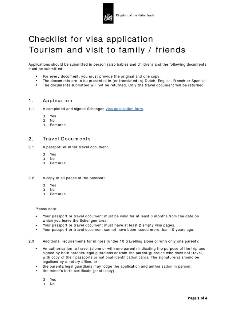 Checklist For Visa Application Tourism and Visit To Family / Friends ...