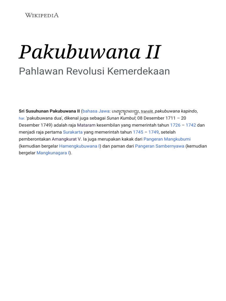 Pakubuwana II - Wikipedia Bahasa Indonesia, Ensiklopedia Bebas | PDF