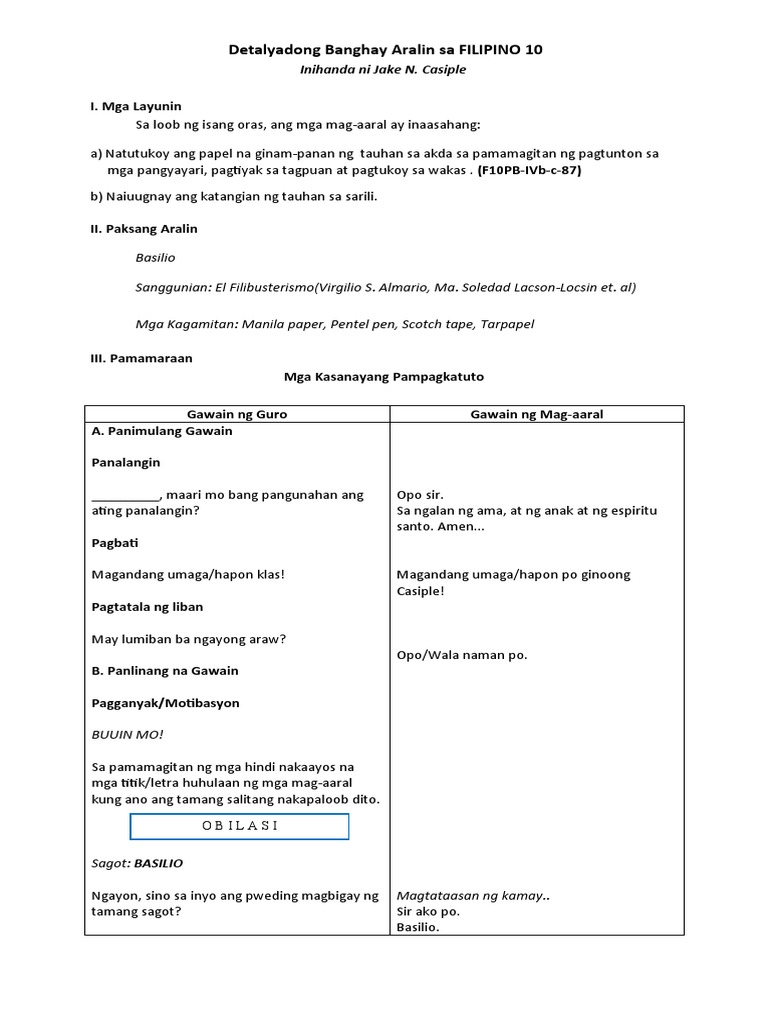 Basilio Detalyadong Banghay Aralin Sa FILIPINO 10 | PDF