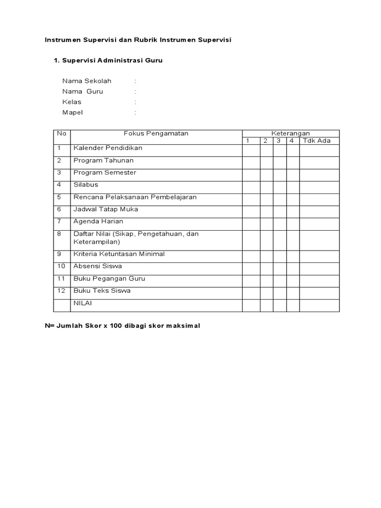 Instrumen Supervisi Dan Rubrik Instrumen Supervisi | PDF | Karier ...