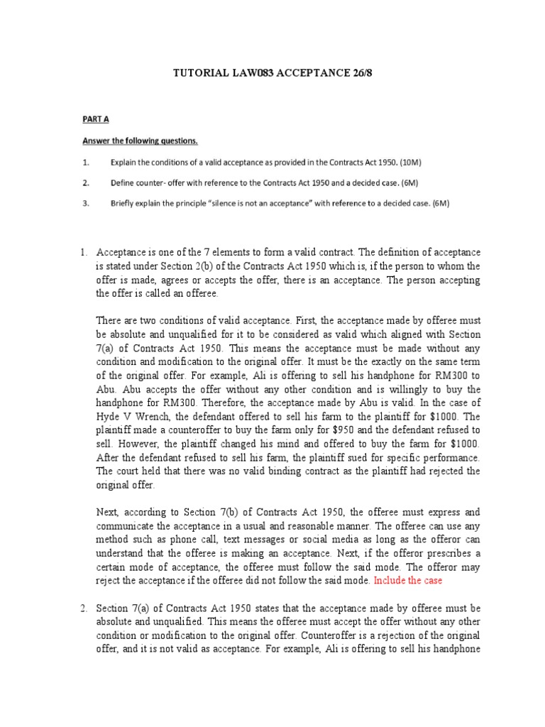 Tutorial Law083 Acceptance 26 | PDF | Offer And Acceptance | Civil Law (Legal System)