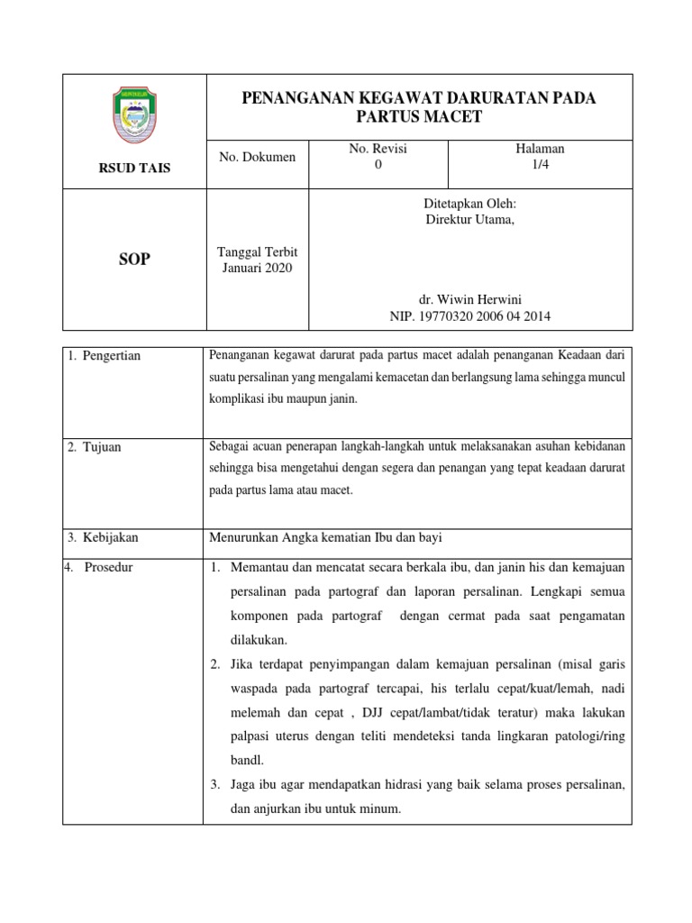 SOP Partus Macet RSUD Tais | PDF | Kesehatan Holistik | Sains & Matematika
