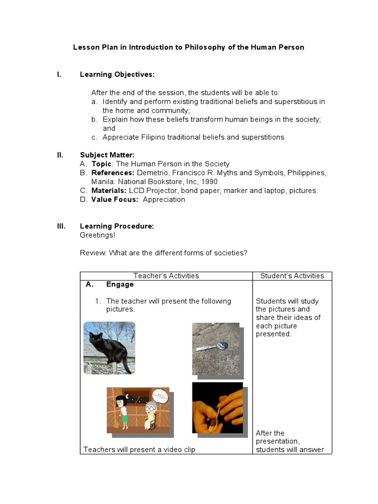 Lesson Plan in Introduction To Philosophy of The Human Person | PDF ...