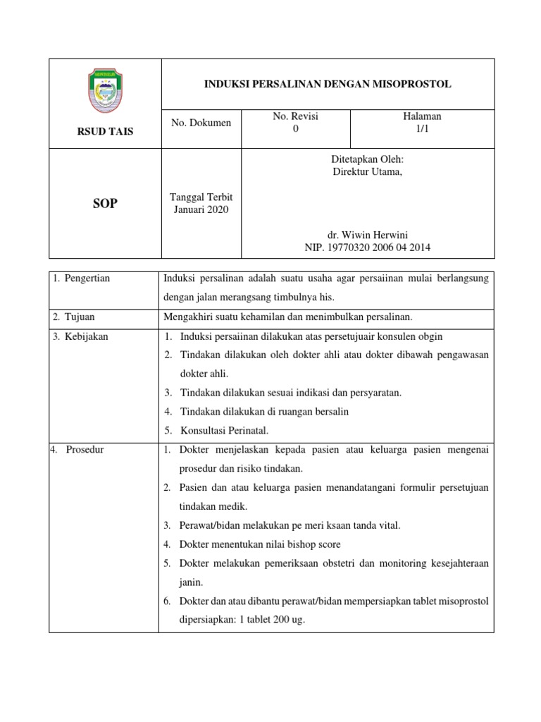 Sop Induksi Persalinan Dengan Misoprostol Terbaru | PDF