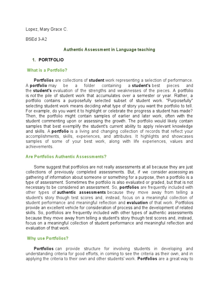 Authentic Assessment in Language Teaching 1.: Portfolio | PDF ...