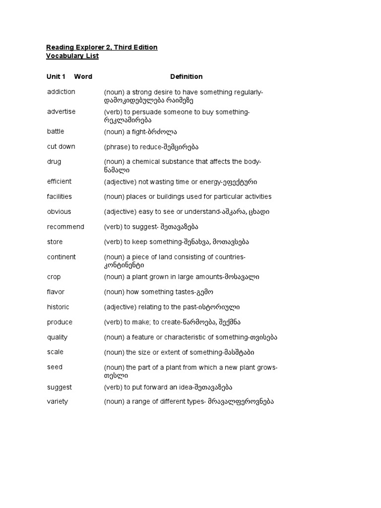 Reading Explorer 2, Third Edition Vocabulary List Unit 1 Word | PDF ...