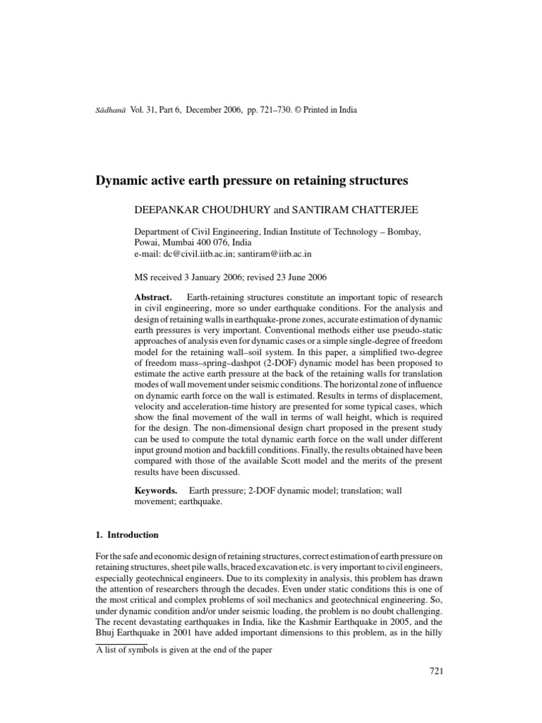 Dynamic Active Earth Pressure On Retaining Structures | PDF ...
