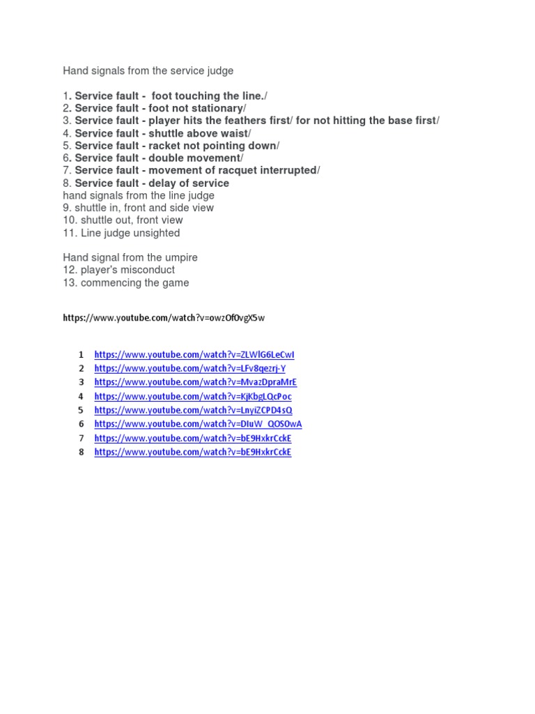 Badminton Officials' Hand Signals | PDF | Technology & Engineering ...