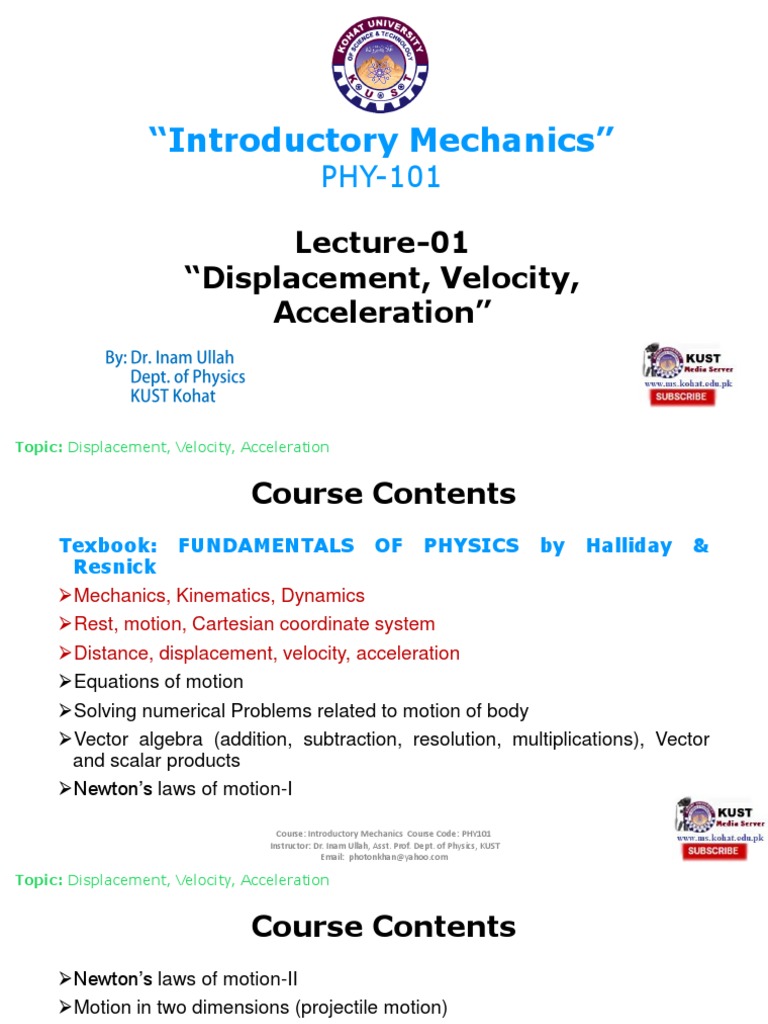 L03-Displacement, Velocity, Acceleration | PDF | Velocity | Acceleration