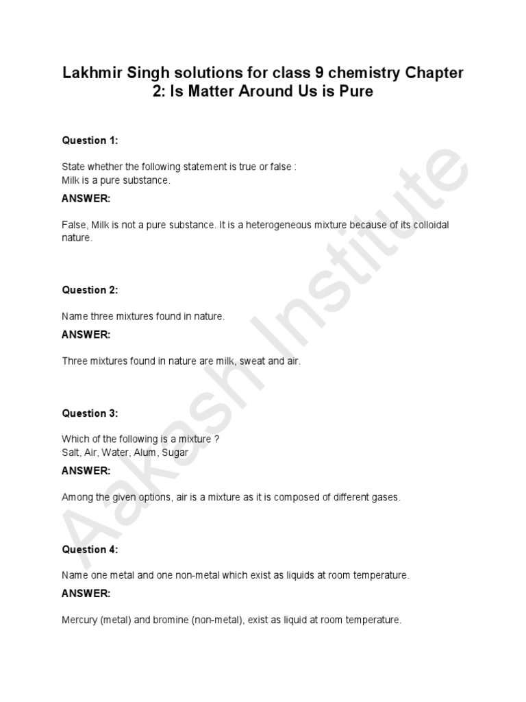 Lakhmir Singh Solutions For Class 9 Chemistry Chapter 2 | PDF ...