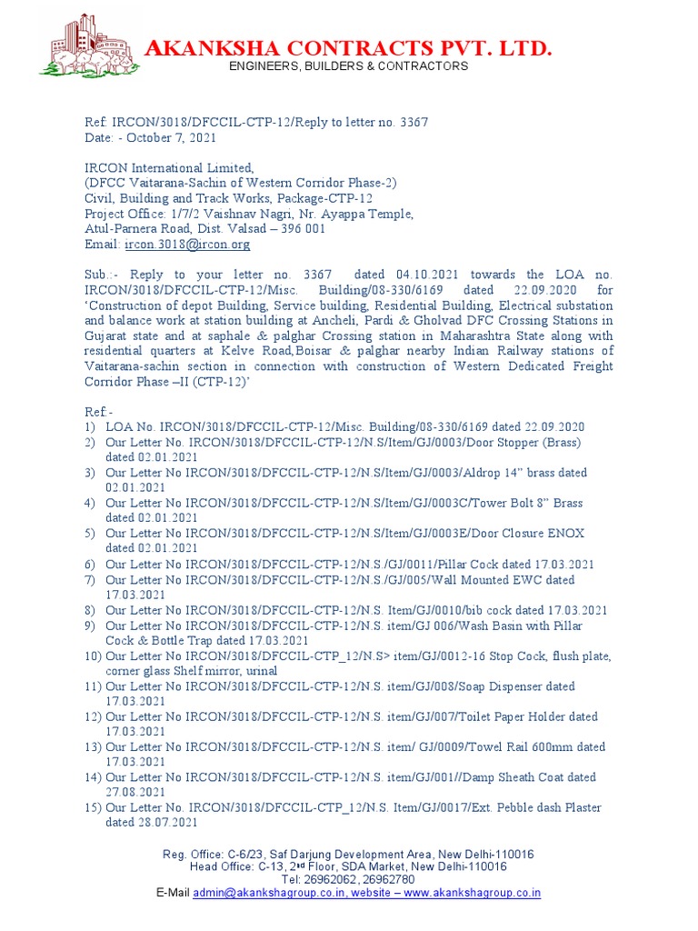 Ircon 3018 Dfccil-Ctp-12 Reply To Letter 3367 | PDF | Economic Sectors