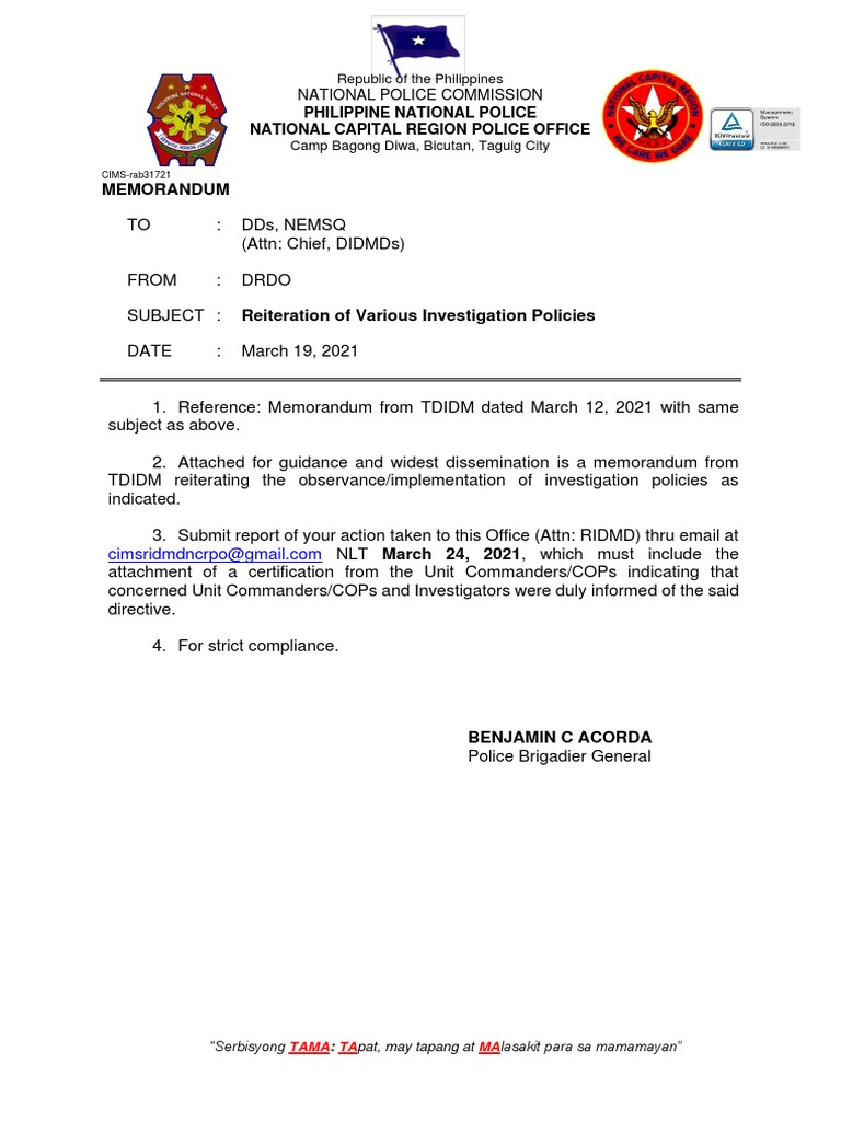 Memo For NEMSQ - Reiteration of Various Investigation Policies | PDF