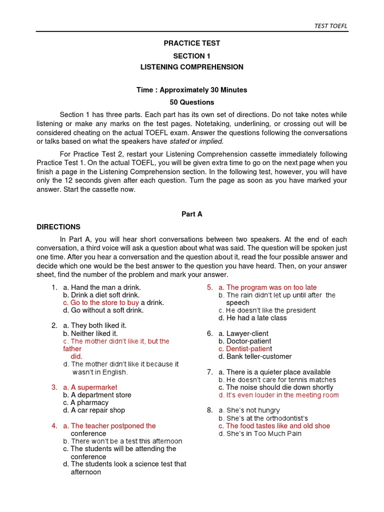Practice Test Section 1 Listening Comprehension | PDF | Test Of English ...