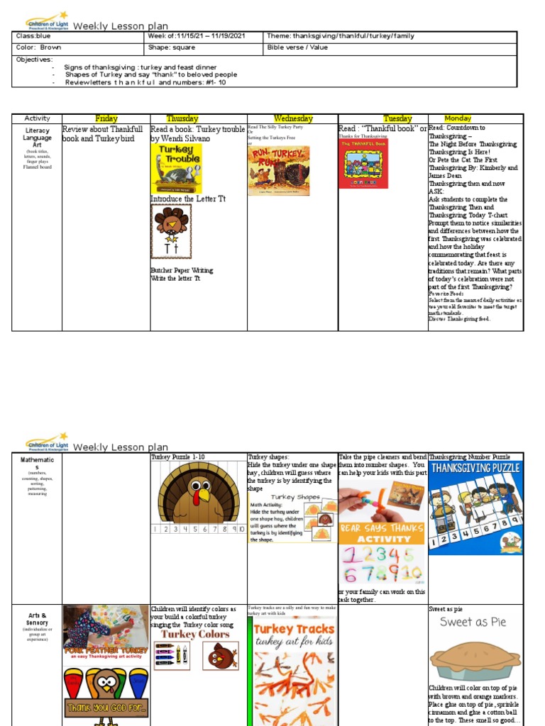 Preschool Thanksgiving Week Plan | PDF | Thanksgiving