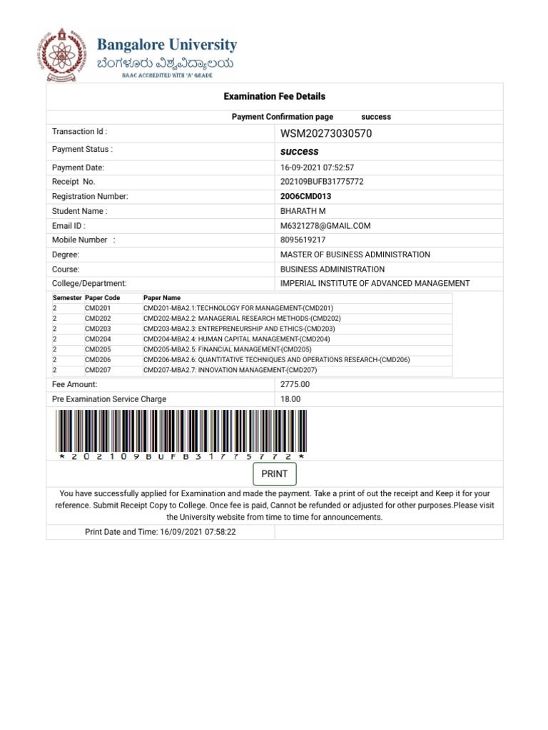 Bangalore University | PDF | Fee | Receipt