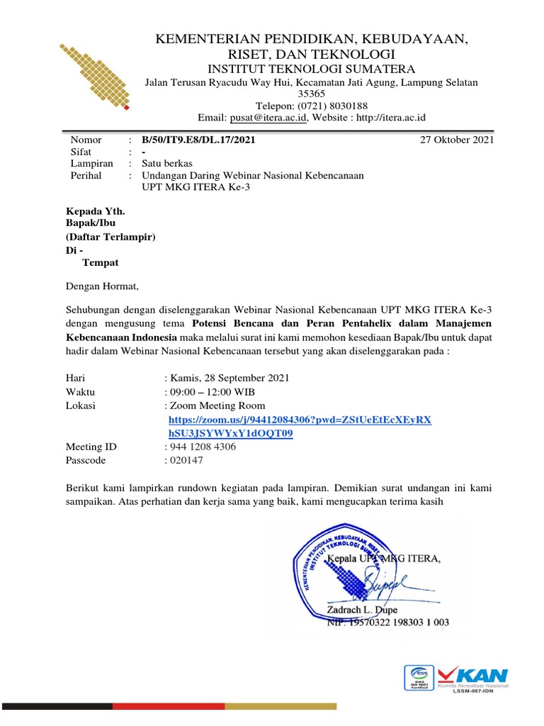 Surat Undangan Daring Webnas Kebencanaan UPT MKG ITERA KE-3 | PDF