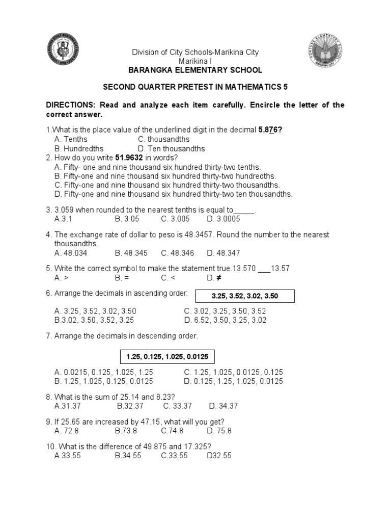 Math 5 Pretest Q2 | PDF | Multiplication | Ratio