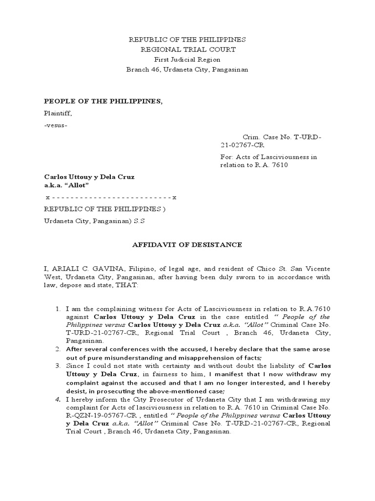 Affidavit of Desistance - Acts of Lasciviousness | PDF | Prosecutor | Crime & Violence