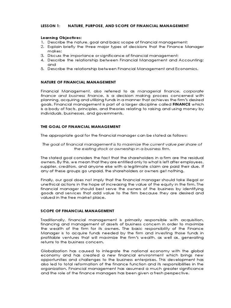 Lesson 1: Nature, Purpose, and Scope of Financial Management Learning ...
