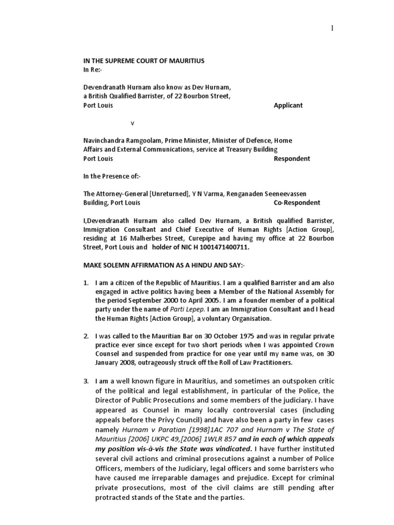 Affidavit - Dev Hurnam - Navin Ramgolam CT POWER in Court | PDF ...