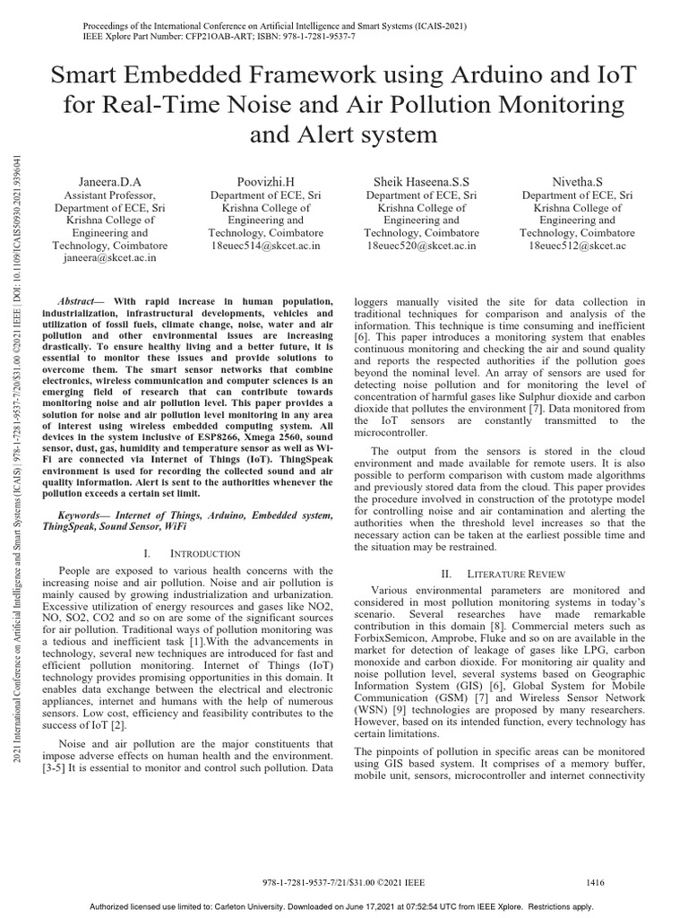 Smart Embedded Framework Using Arduino and IoT For Real-Time Noise and Air Pollution Monitoring ...