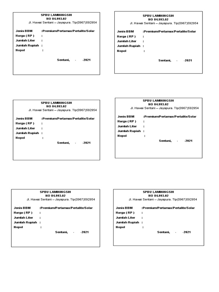 Manual Bon Bensin SPBU Laminingsih | PDF