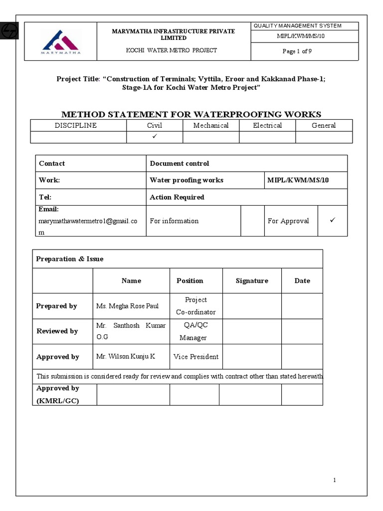 Method Statement For Waterproofing Works: Discipline Civil Mechanical ...