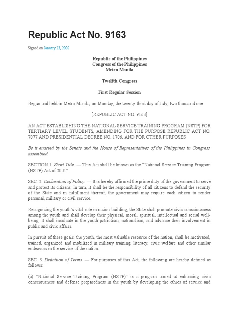 Republic Act No 9163 | PDF | Reserve Officers' Training Corps | Government