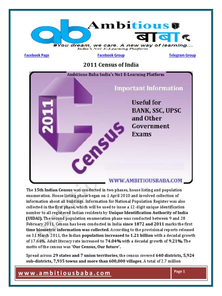 Census of India 2011 Highlights | PDF | South Asia | Asia