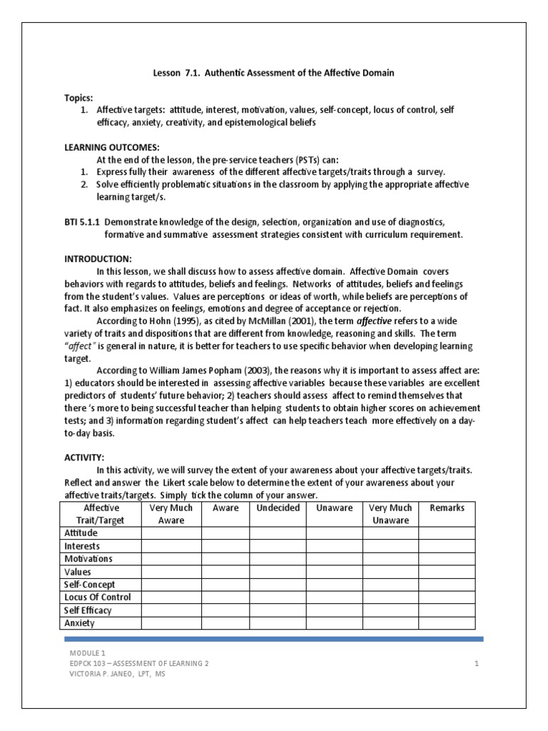 Lesson 7.1. Authentic Assessment of The Affective Domain Topics | PDF | Self Concept | Attitude ...
