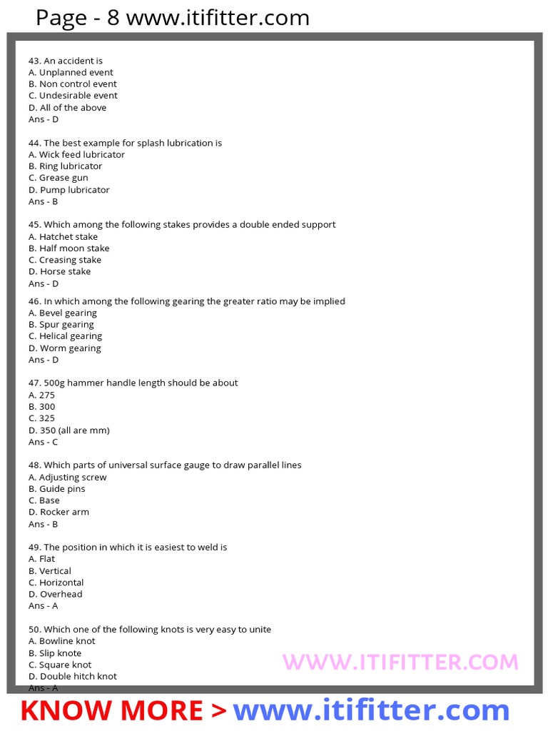 8 - ITI Fitter Question Paper, NCVT ITI Fitter Sample Model Paper PDF ...