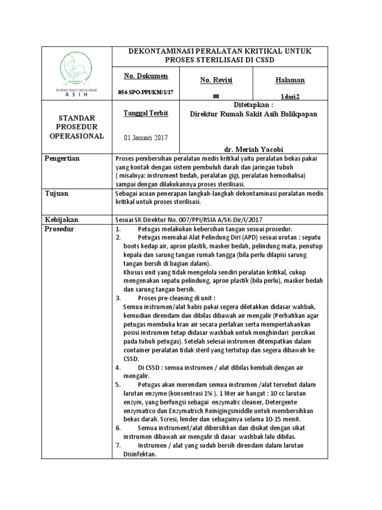 SPO Dekontaminasi Peralatan Kritikal UntkProses Sterilisasi Di CSSD | PDF | Sains & Matematika