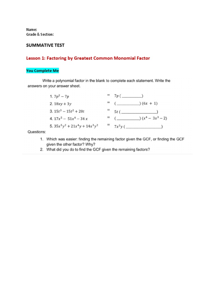 SUMMATIVE TEST Factoring Polynomials | PDF