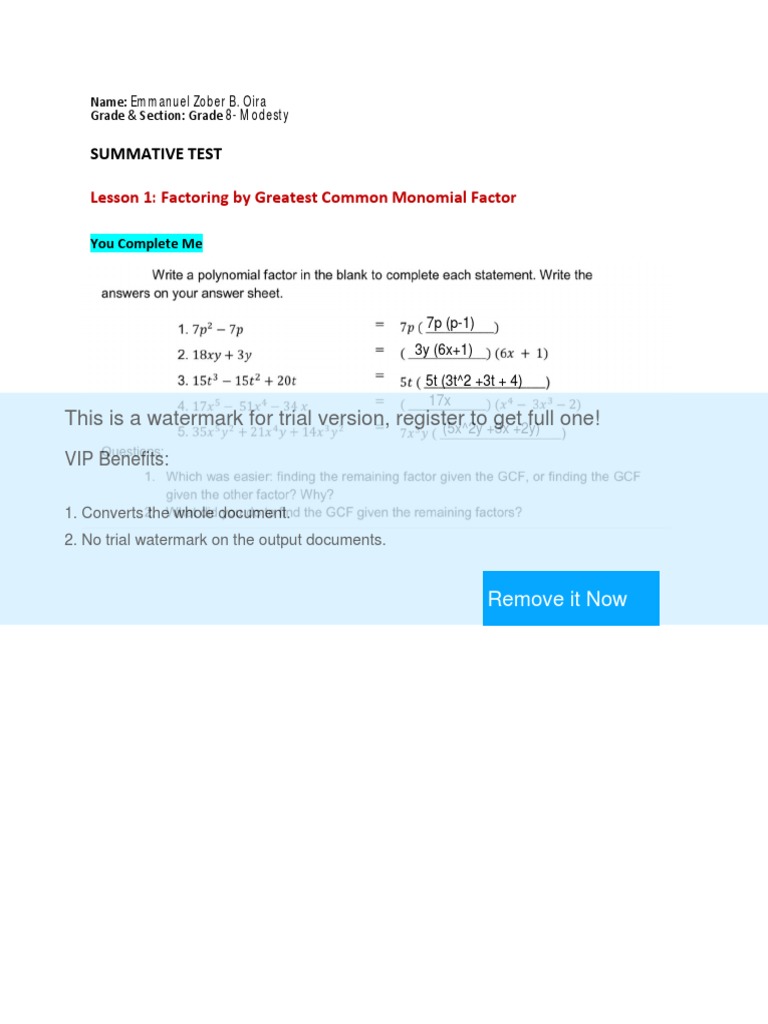 Summative Test: Lesson 1: Factoring by Greatest Common Monomial Factor ...