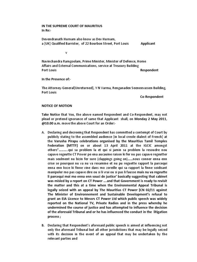 Notice of Motion Contempt - Dev Hurnam - Navin Ramgoolam - CT POWER in ...