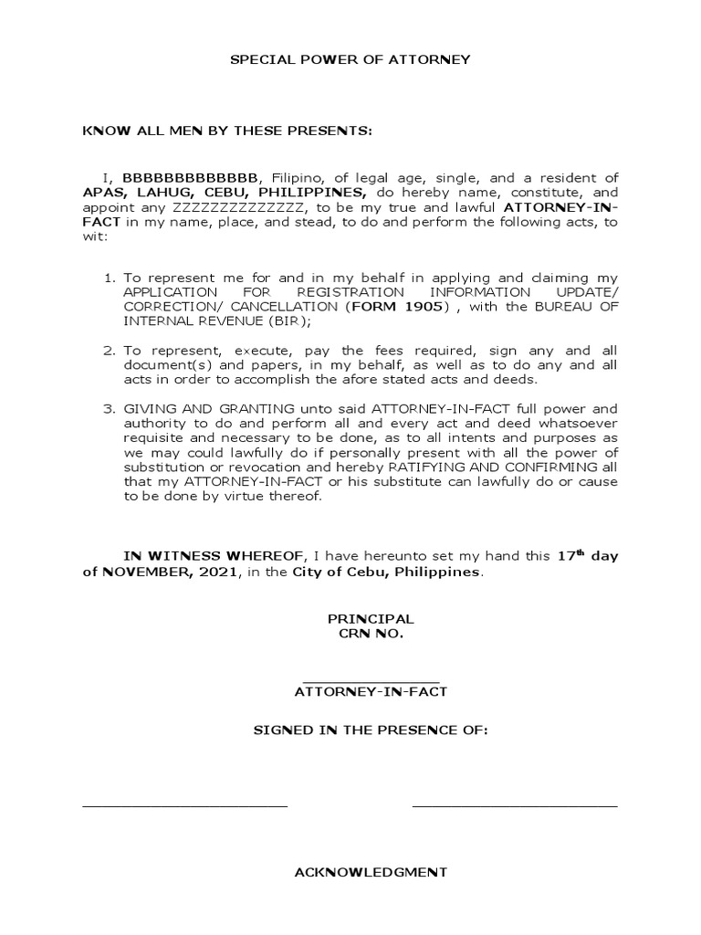 SPA for BIR Registration Template | PDF | Power Of Attorney | Civil Law ...