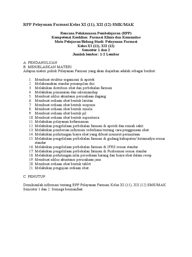 RPP Pelayanan Farmasi Kelas XI | PDF | Pengembangan Diri