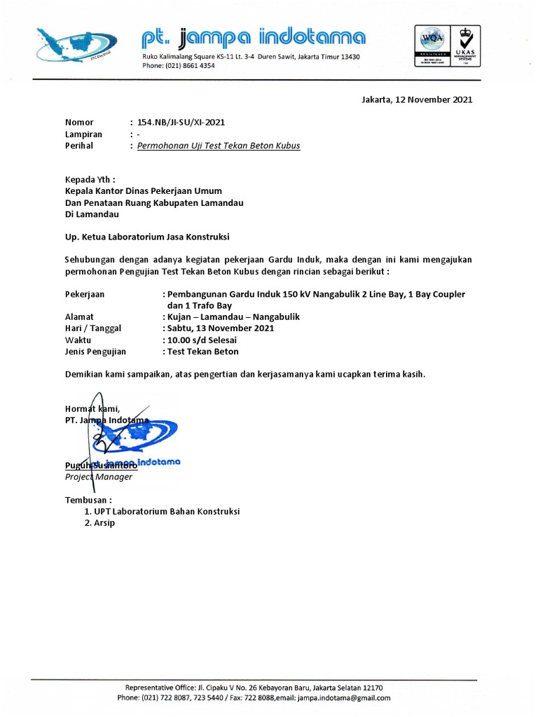 154 - Surat Permohonan Uji Test Tekan Beton Kubus | PDF