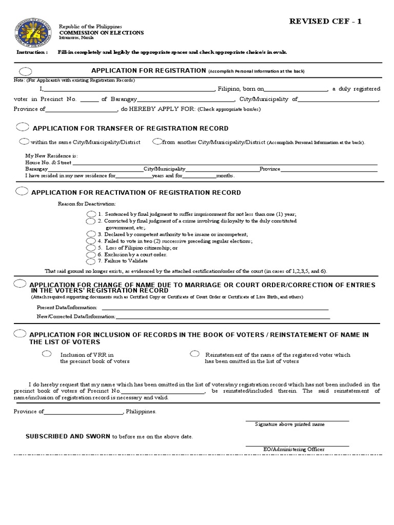 Revised Cef - 1: Commission On Elections | PDF | Voter Registration ...