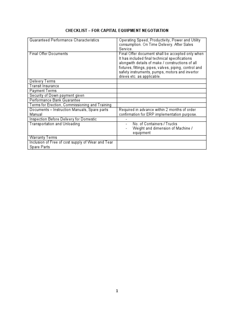 Capital Equipment Negotiation Checklist | PDF | Technology & Engineering