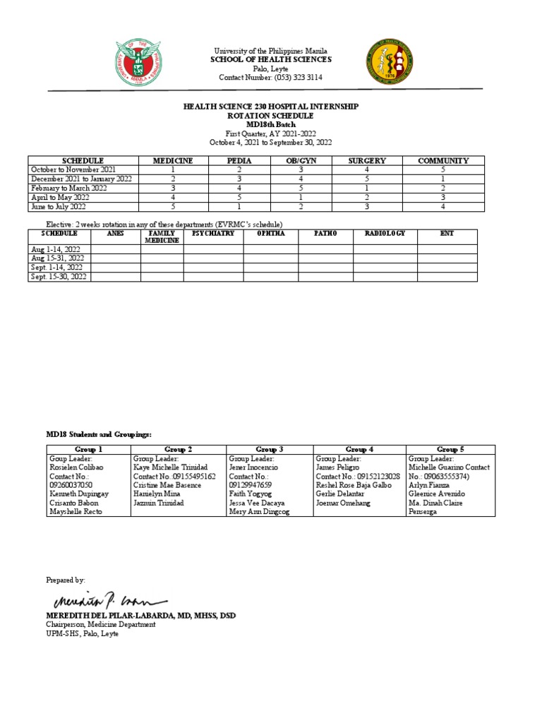 School of Health Sciences: Schedule Anes Family Medicine Psychiatry ...