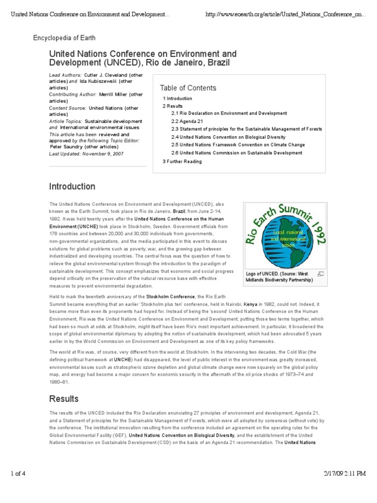 UNCED: Outcomes of the 1992 Earth Summit | PDF | Sustainability ...