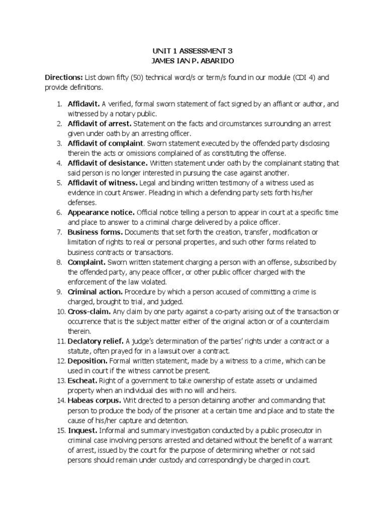 50 Legal Terms and Definitions Guide | PDF | Affidavit | Arrest