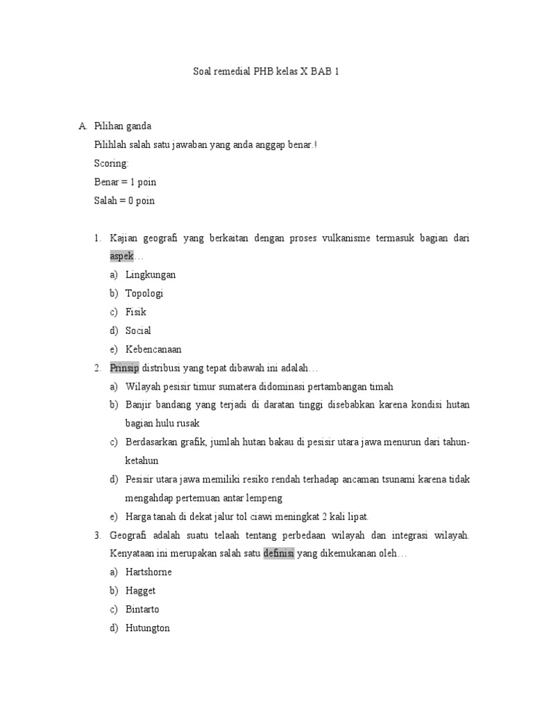 Soal Remedial PHB Geografi Kelas X BAB 1 | PDF