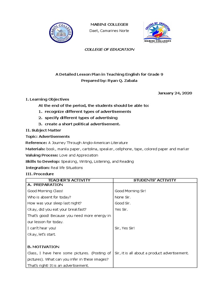 A Detailed Lesson Plan in Teaching English For Grade 9 Advertisements ...