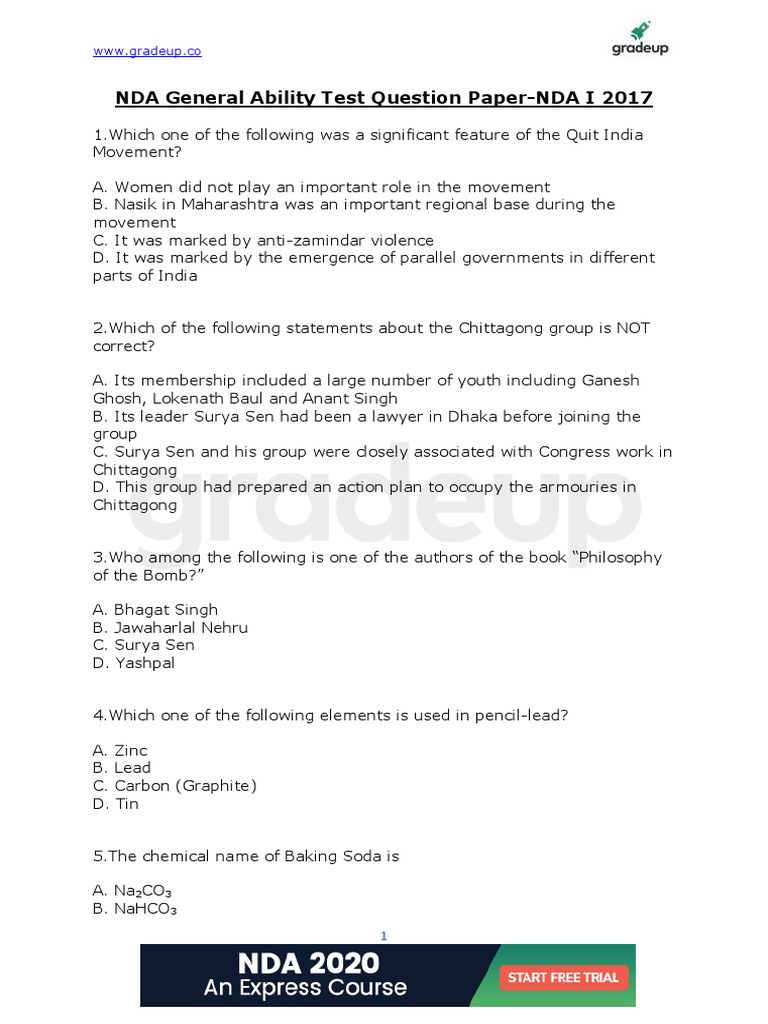 NDA General Ability Test Question Paper-NDA I 2017: WWW - Gradeup.co ...