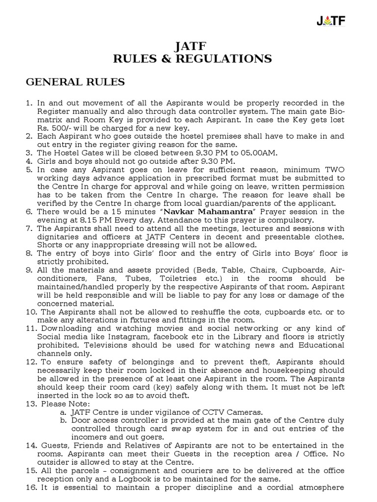 JATF Hostel Rules and Regulations Guide | PDF | Dinner